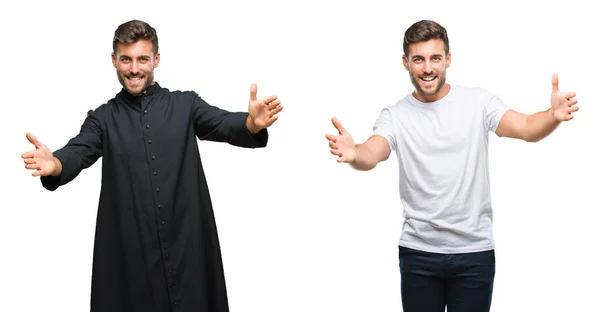 Collage Christian Priest Men Isolated Background Amazed Smiling Camera ...