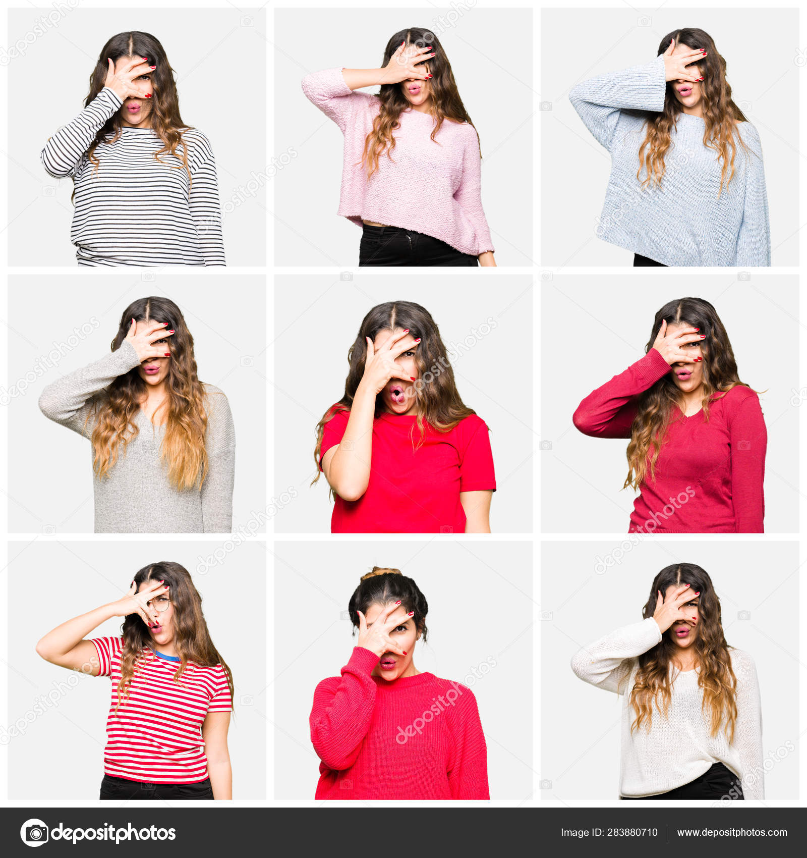 Collage Beautiful Young Woman Wearing Different Looks White Isolated ...