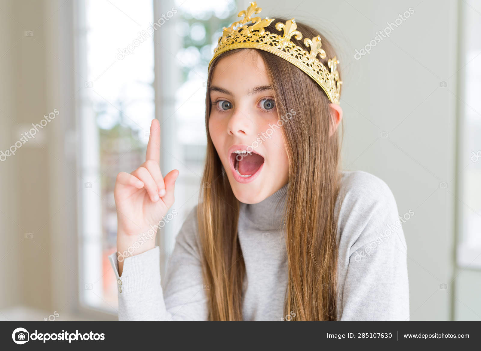 Beautiful Young Girl Wearing Golden Crown Princess Fairytale Pointing Finger — Stock Photo ...