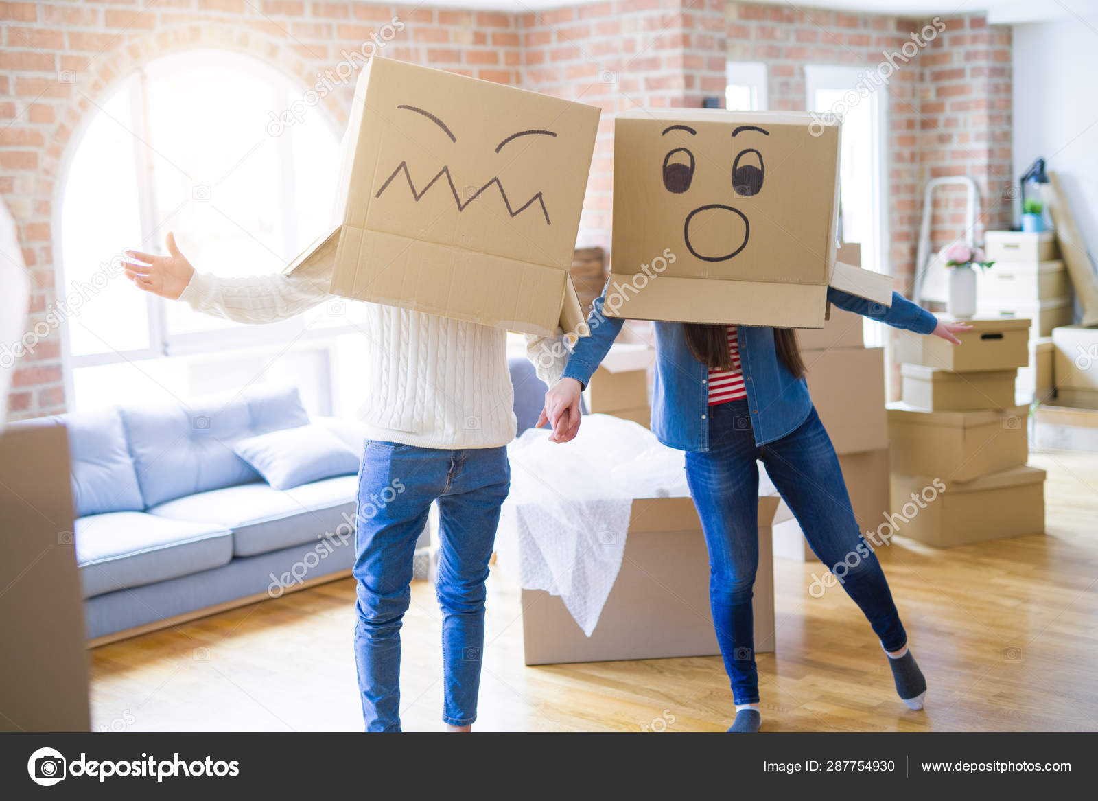 Crazy Couple Wearing Boxes Funny Faces Head Having Fun Happy — Stock ...
