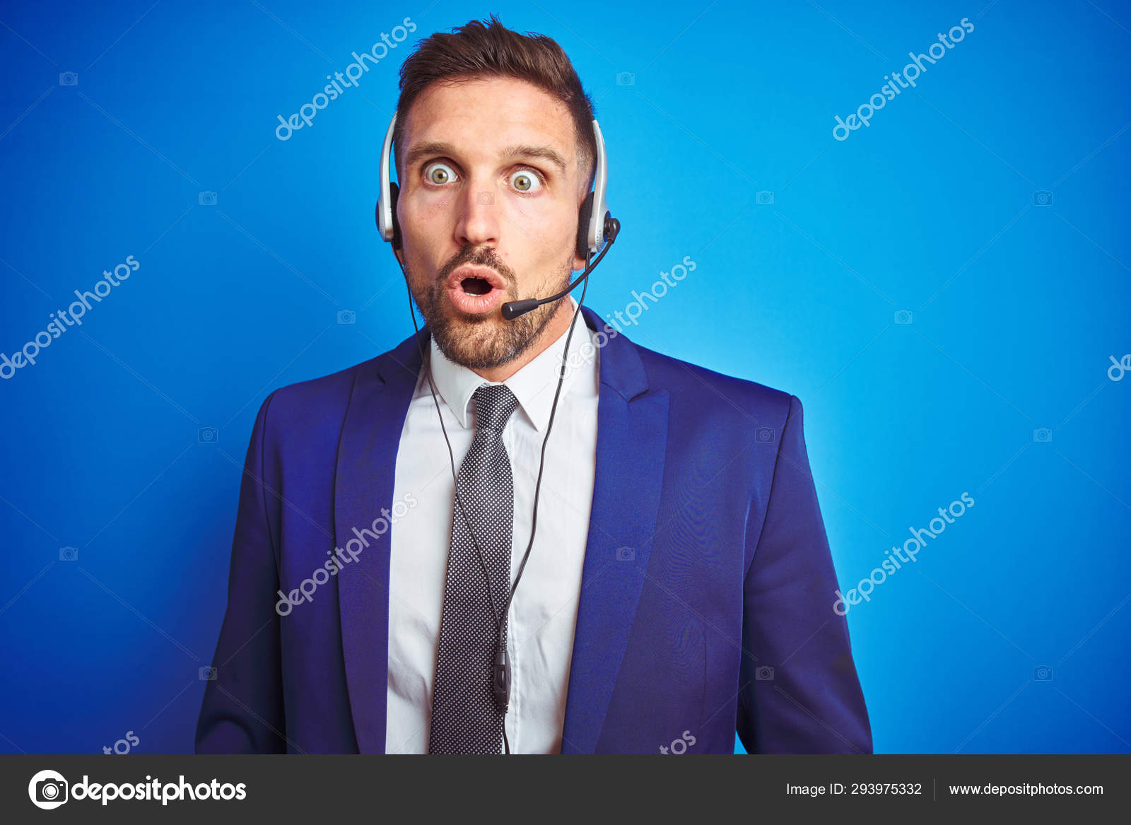 Young Handsome Operator Man Wearing Call Center Headset Blue Isolated ...