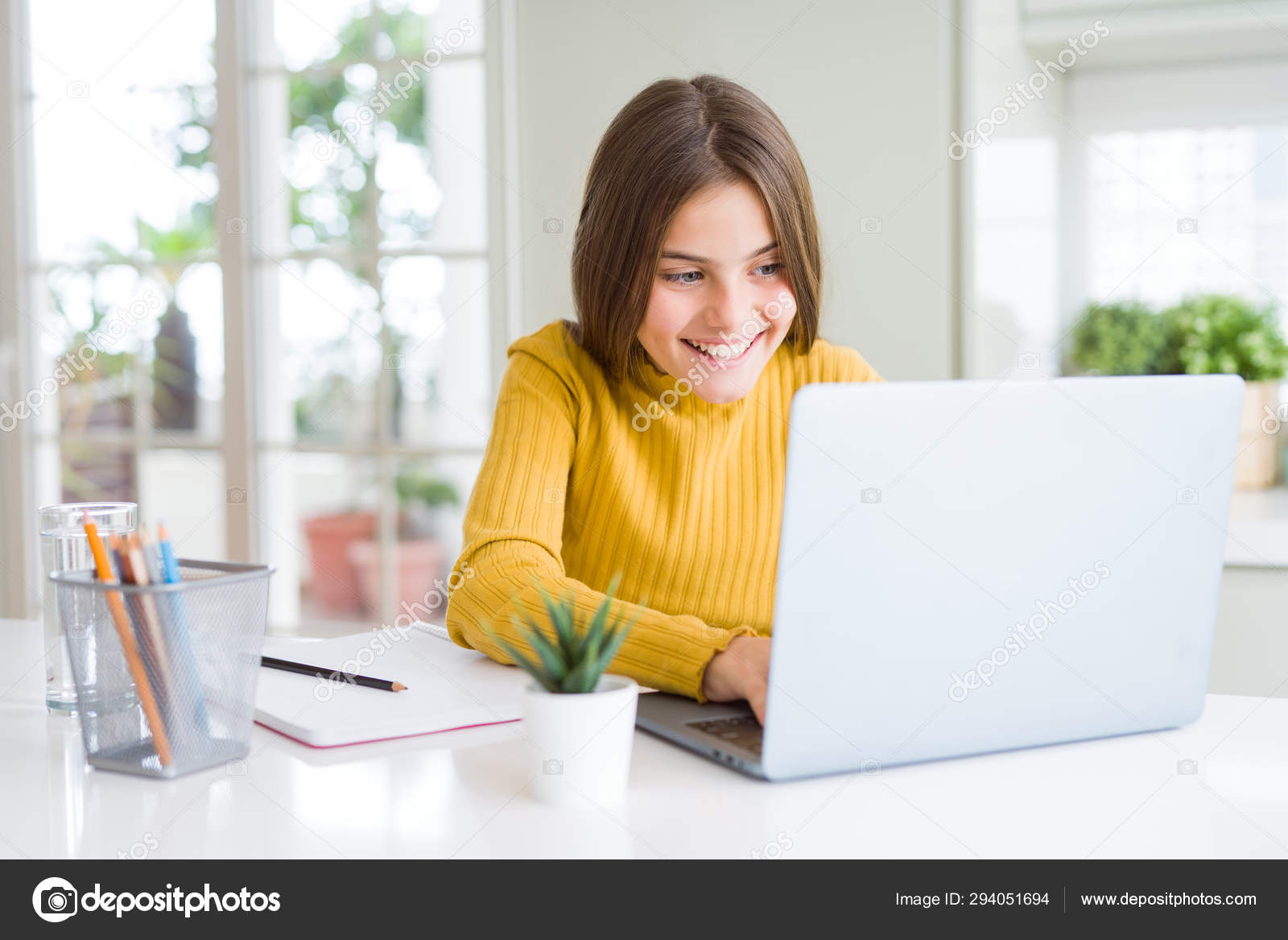 Beautiful Young Girl Studying School Using Computer Laptop Happy Face ...