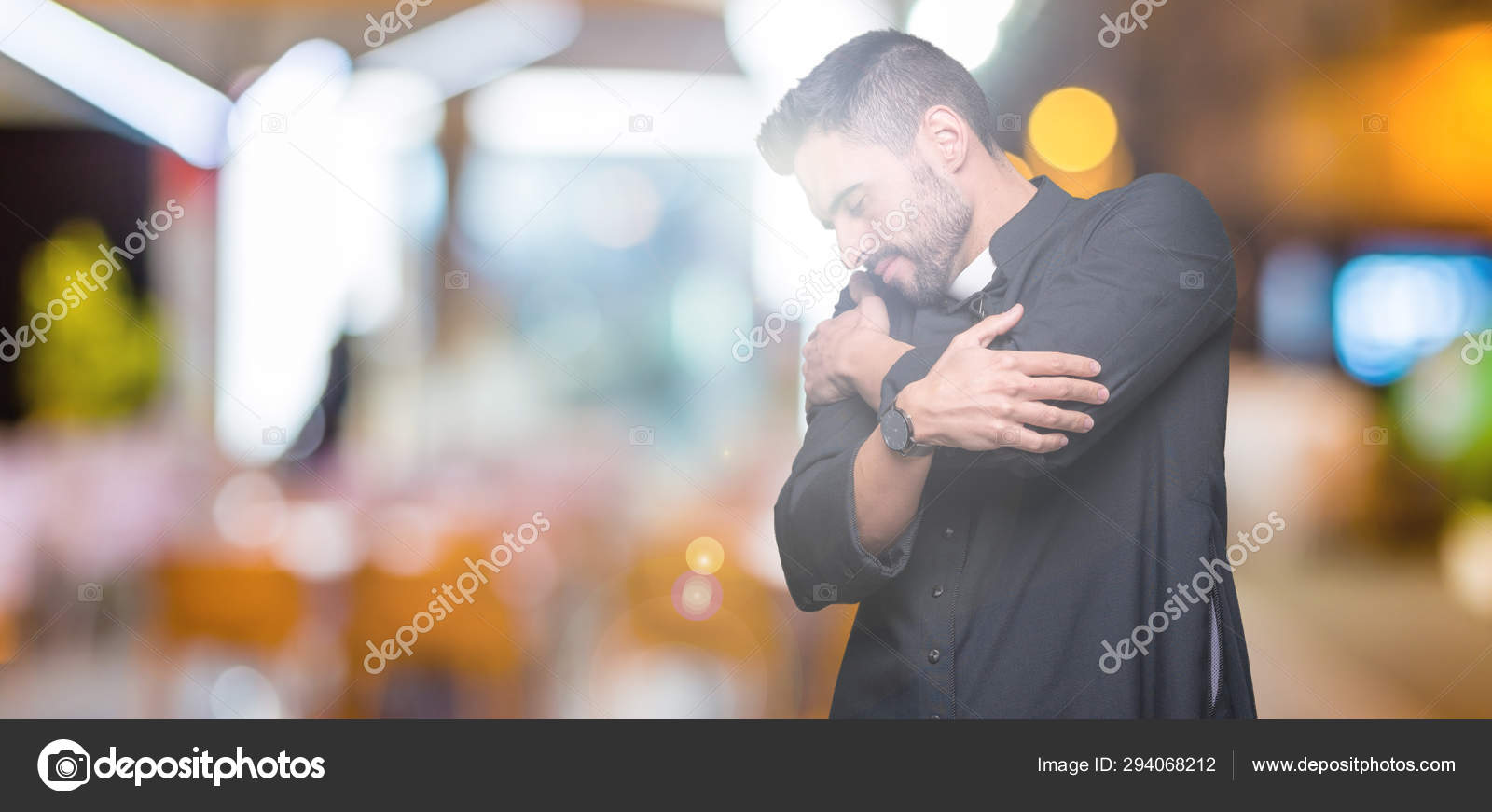 Young Christian Priest Isolated Background Hugging Oneself Happy ...