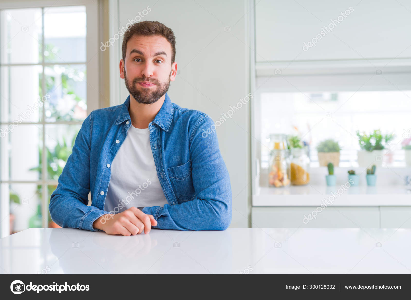 Handsome Man Home Puffing Cheeks Funny Face Mouth Inflated Air — Stock ...