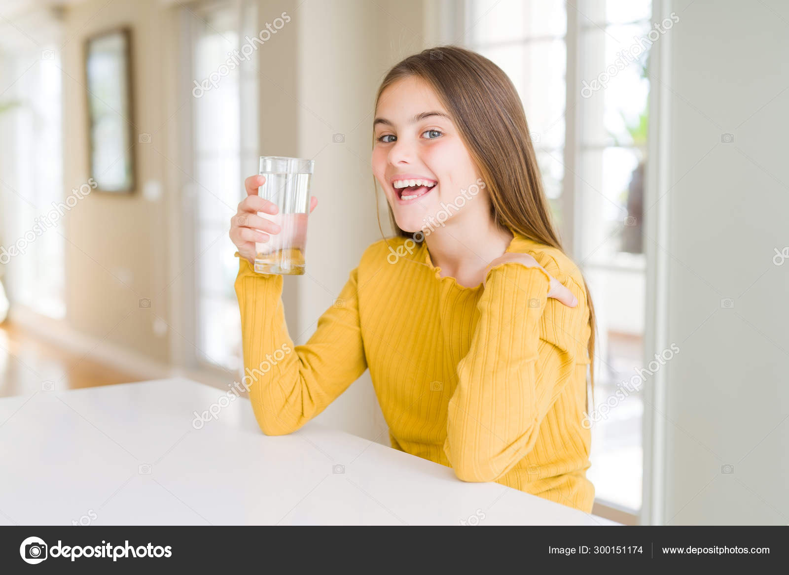 Beautiful Young Girl Kid Drinking Fresh Glass Water Surprise Face ...