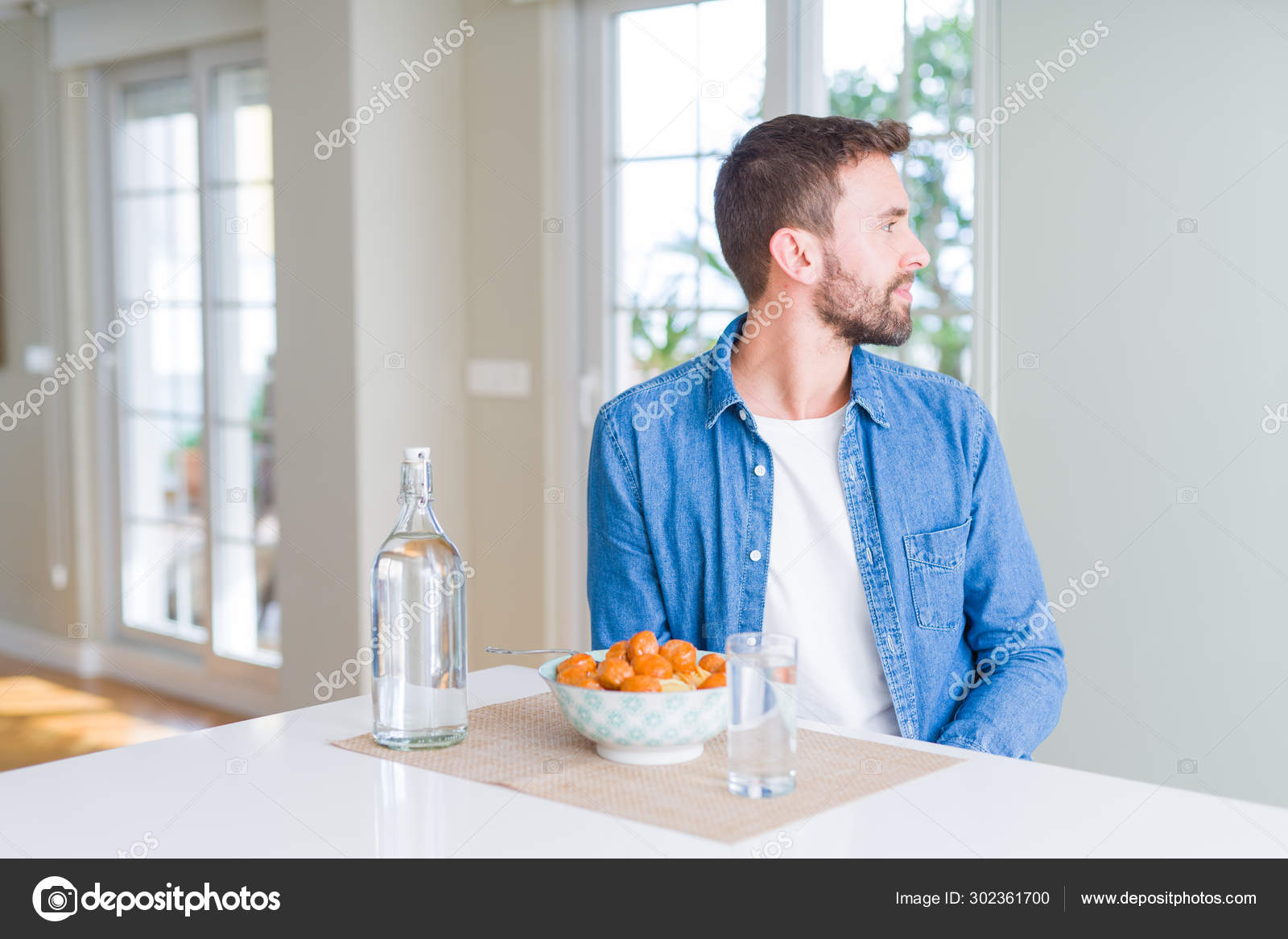 Handsome Man Eating Pasta Meatballs Tomato Sauce Home Looking Side ...