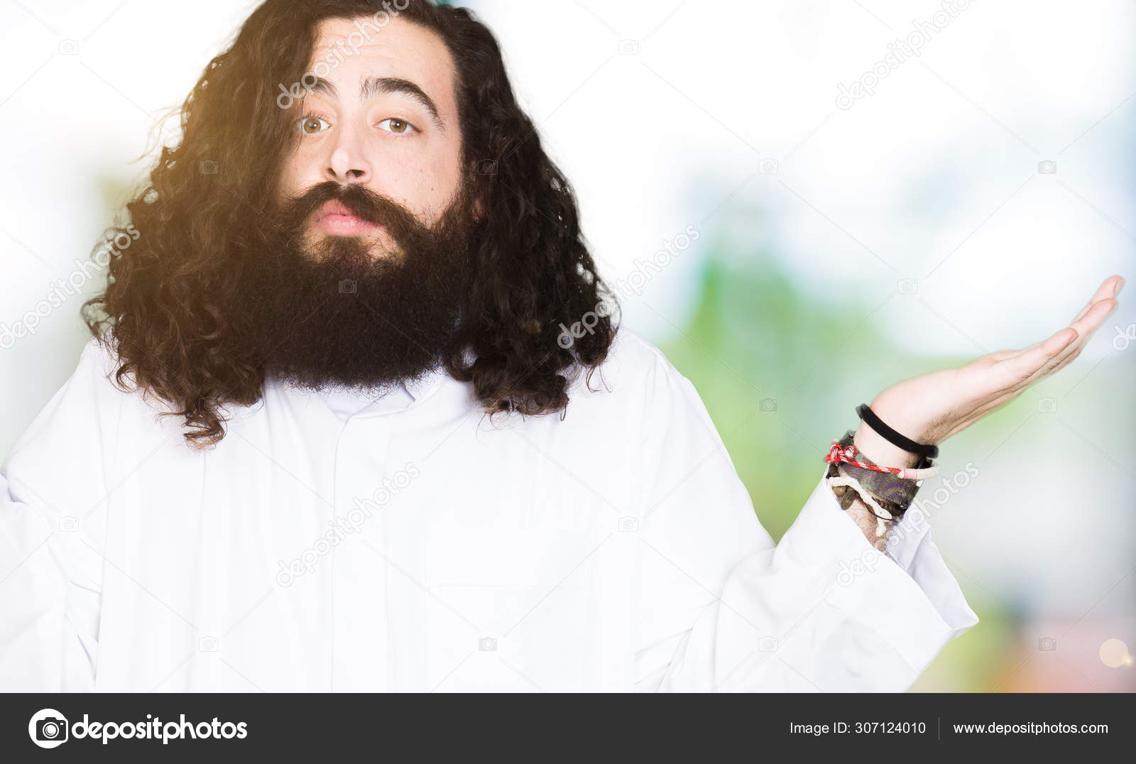 Man Wearing Jesus Christ Costume Clueless Confused Expression Arms ...