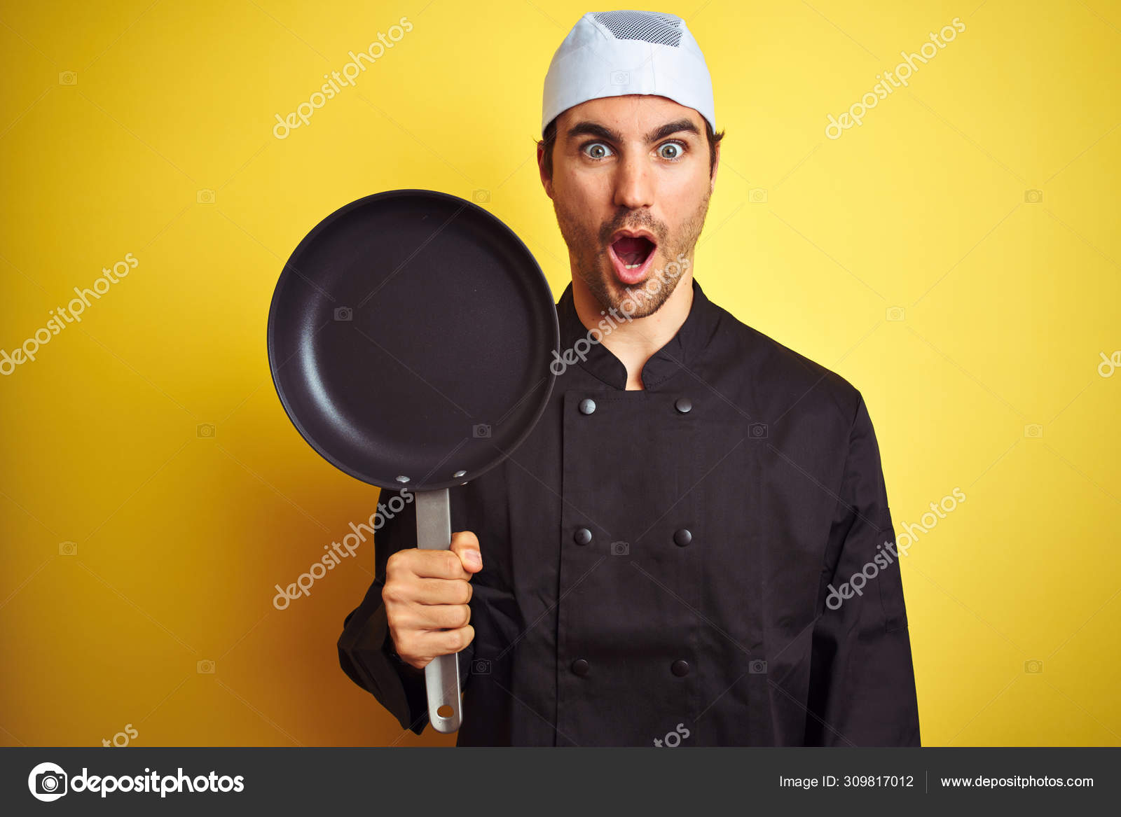Young Chef Man Wearing Uniform Hat Holding Cook Pan Isolated Stock ...