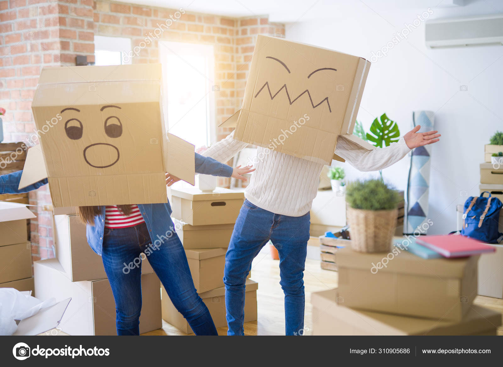 Crazy Couple Wearing Boxes Funny Faces Head Having Fun Happy — Stock ...