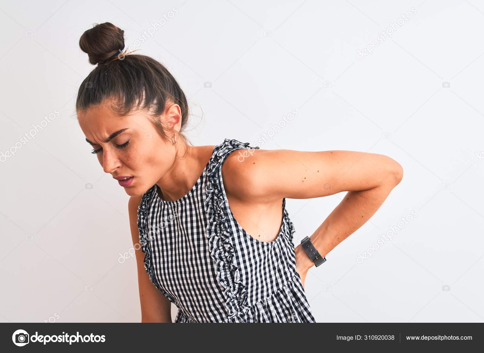 Beautiful Woman Bun Wearing Casual Dresss Standing Isolated White