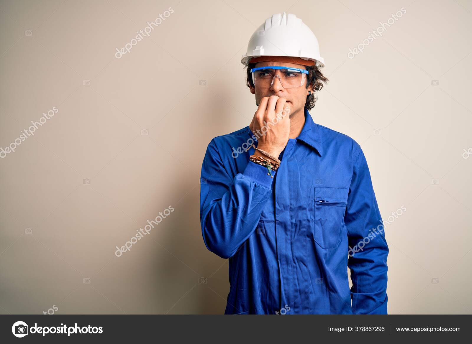 Young Constructor Man Wearing Uniform Security Helmet Isolated White ...