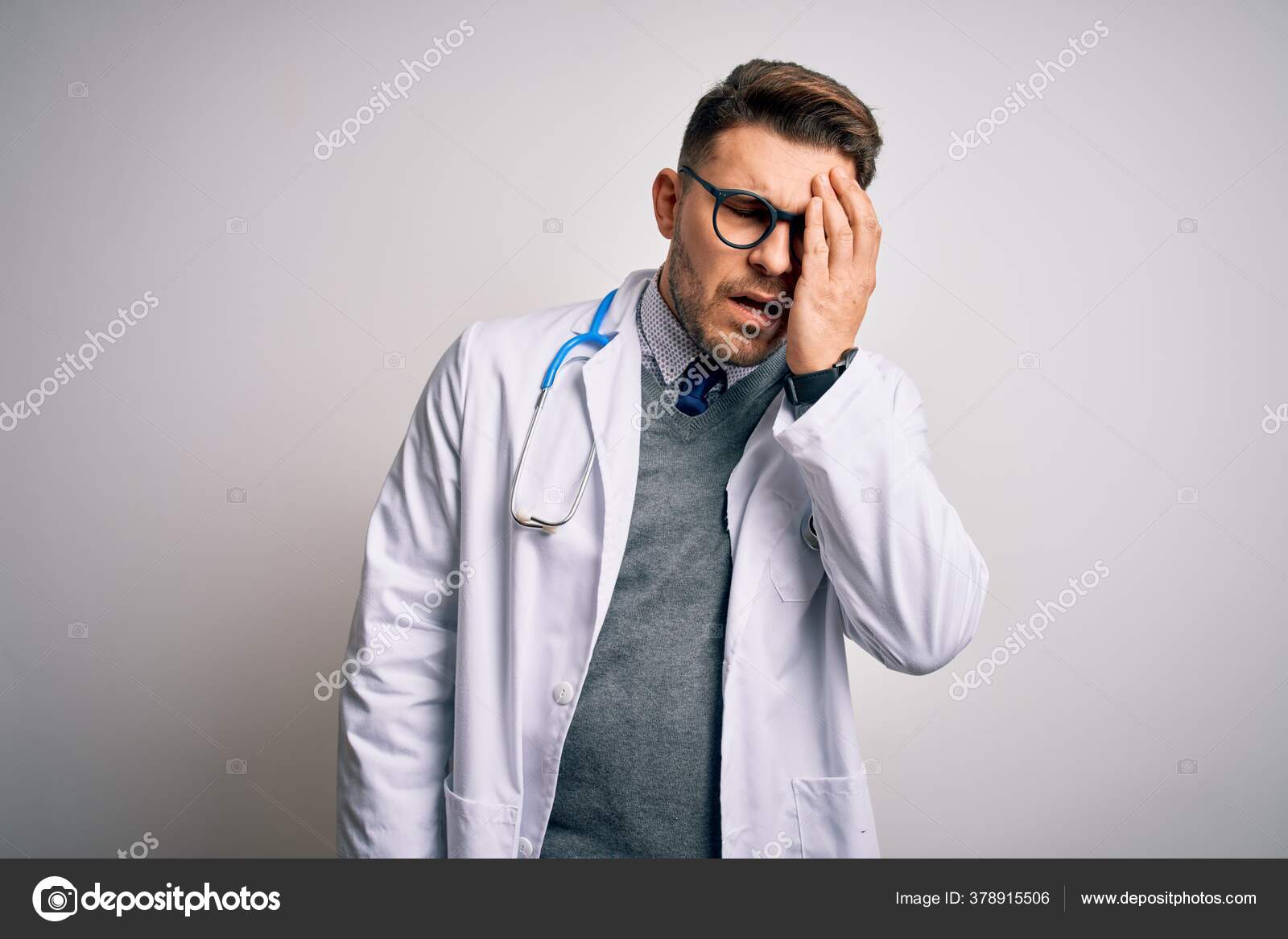 Young Doctor Man Blue Eyes Wearing Medical Coat Stethoscope Isolated ...
