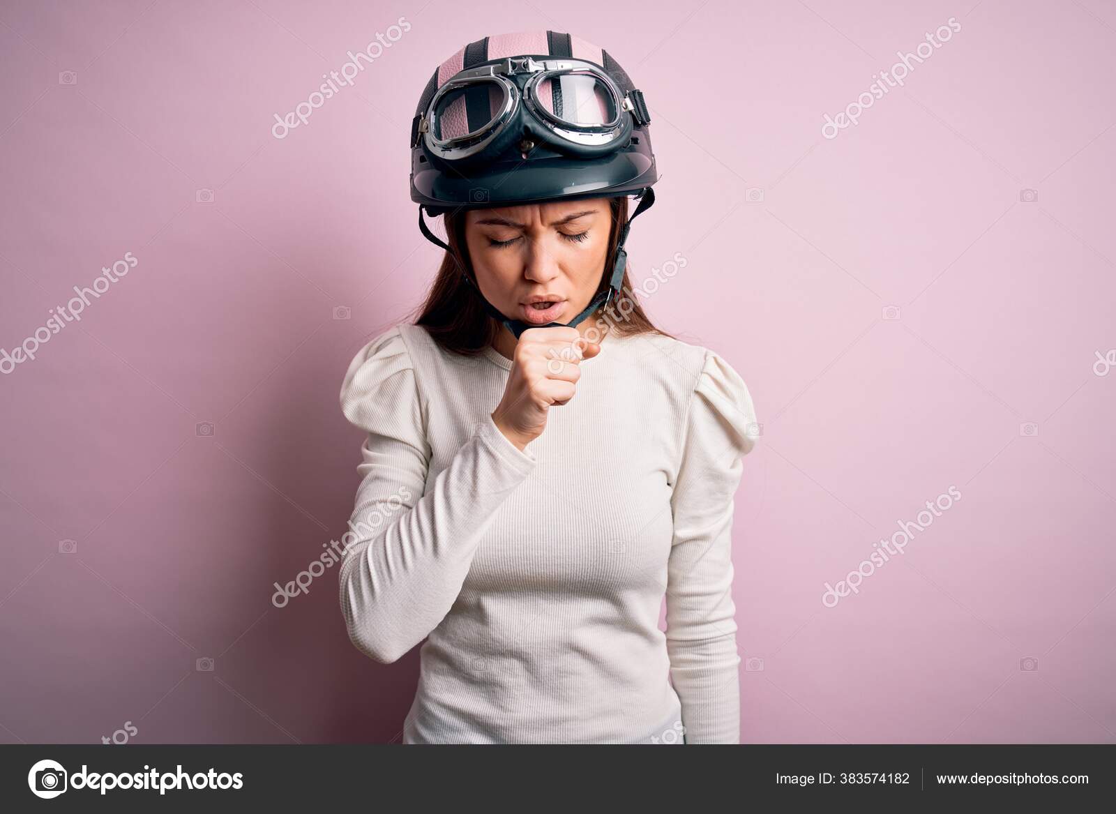 Young Beautiful Motorcyclist Woman Blue Eyes Wearing Moto Helmet Pink ...