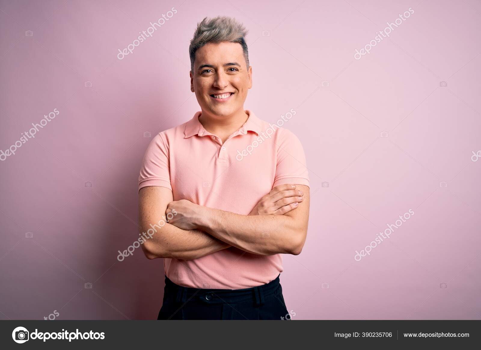 Young Handsome Modern Man Wearing Casual Pink Shirt Isolated Background ...