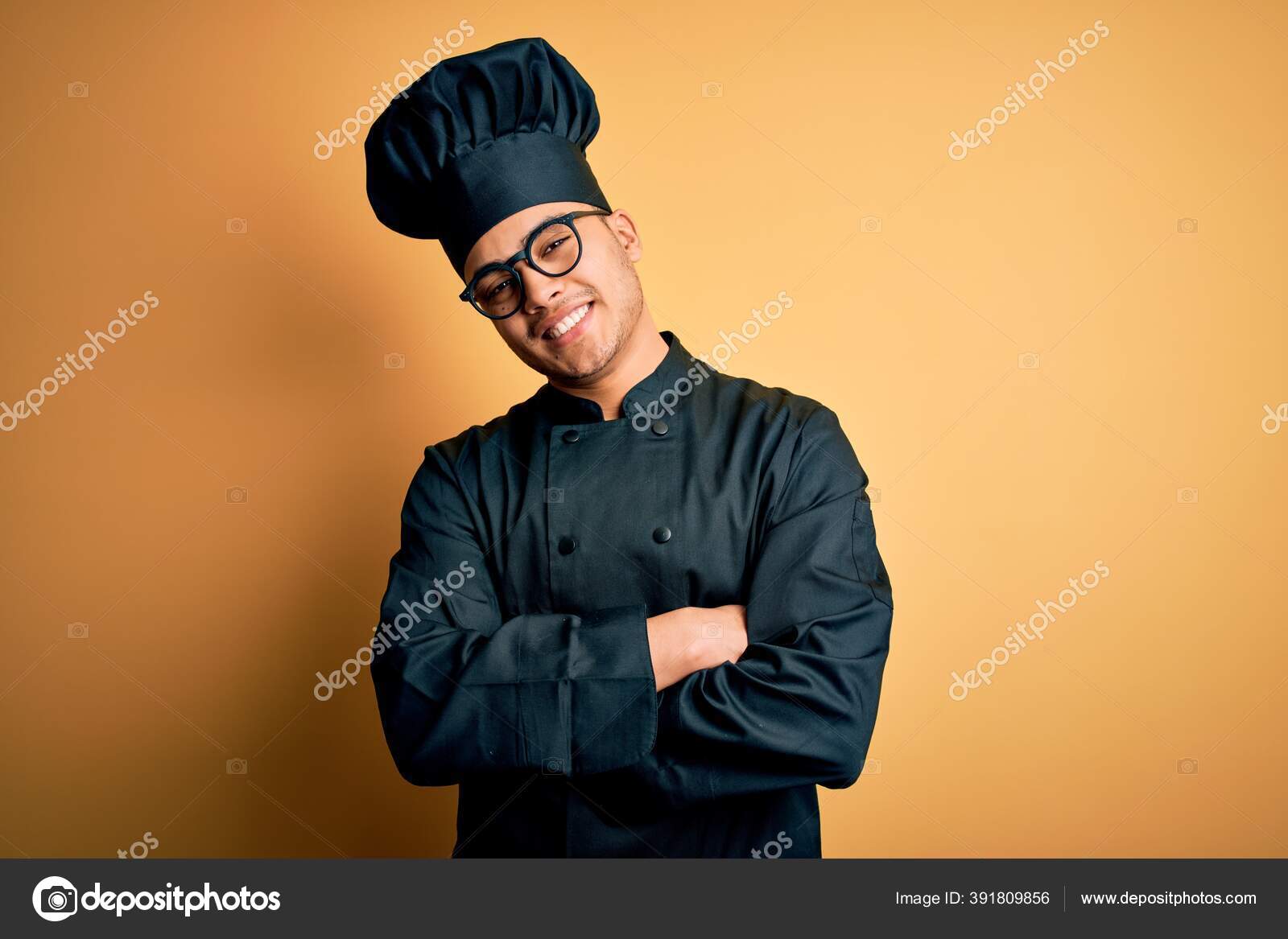 Young Brazilian Chef Man Wearing Cooker Uniform Hat Isolated Yellow ...
