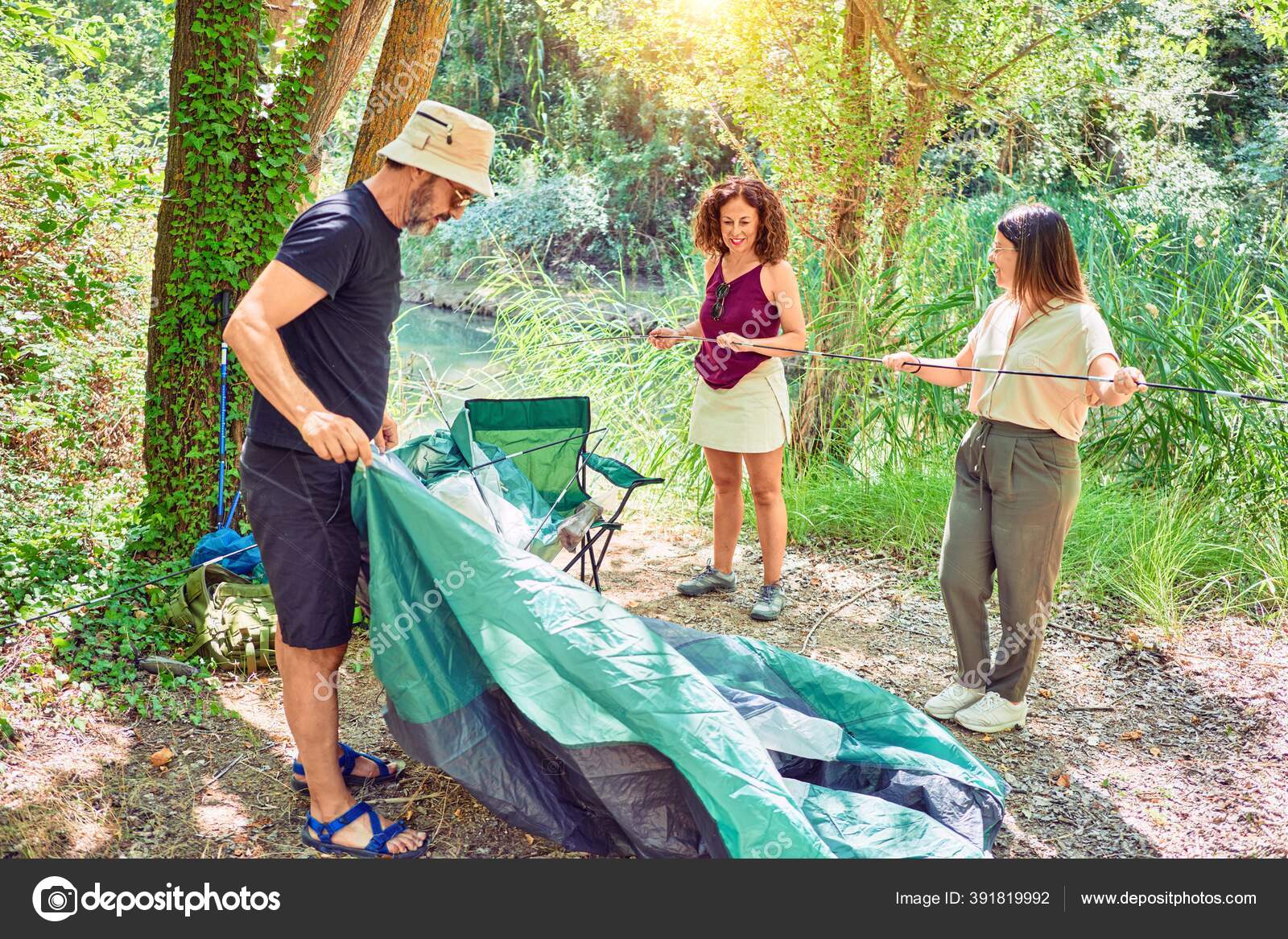 Family Hiker Setting Tent Camping Forest ⬇ Stock Photo, Image by ...