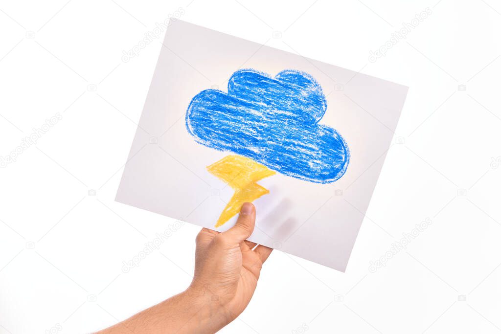 Hoja de papel con un dibujo de una nube azul con un rayo, tormenta ...