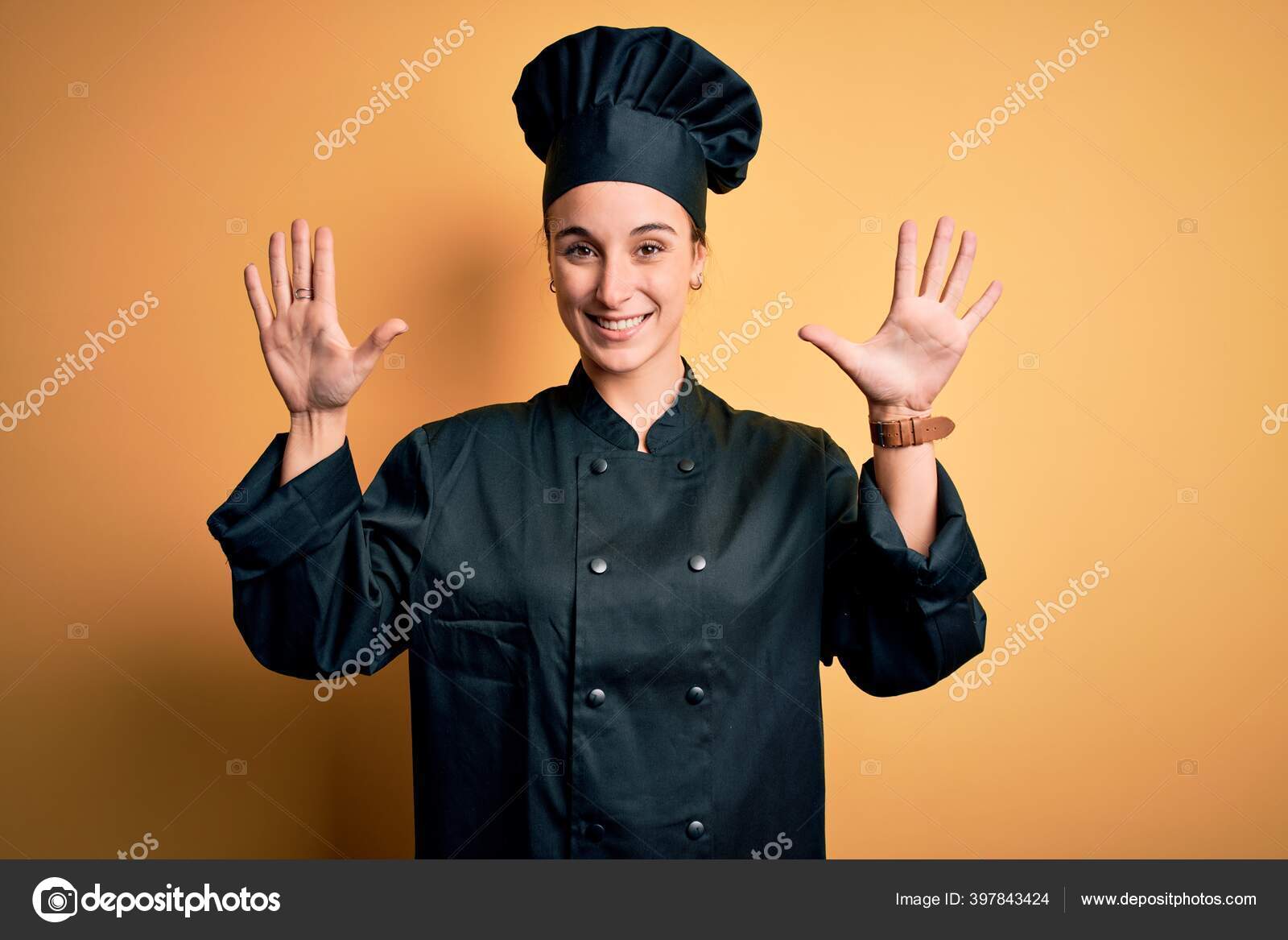 Young Beautiful Chef Woman Wearing Cooker Uniform Hat Standing Yellow ...