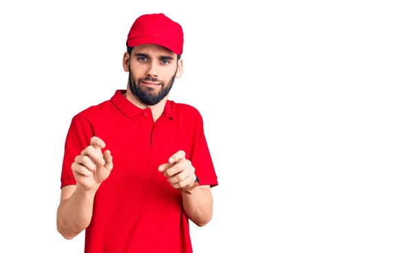 Young Handsome Man Beard Wearing Delivery Uniform Gesturing Hands