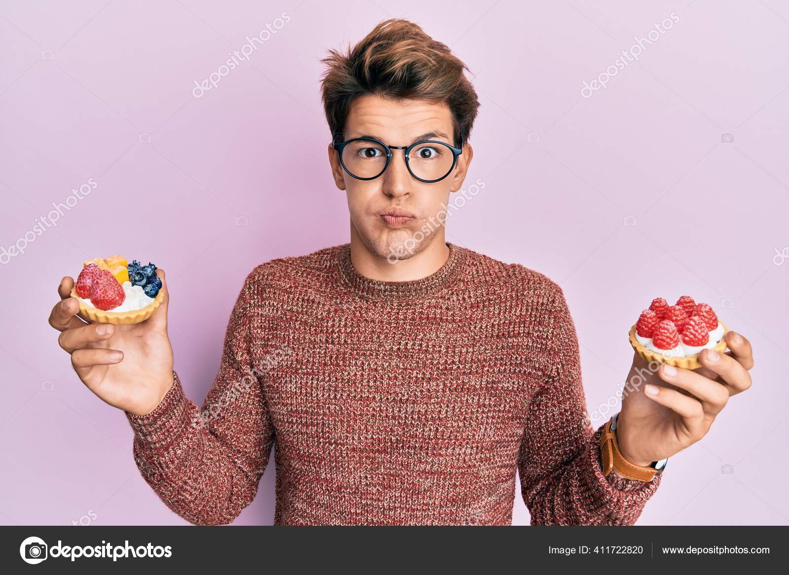 Handsome Caucasian Man Holding Cake Slices Puffing Cheeks Funny Face ...