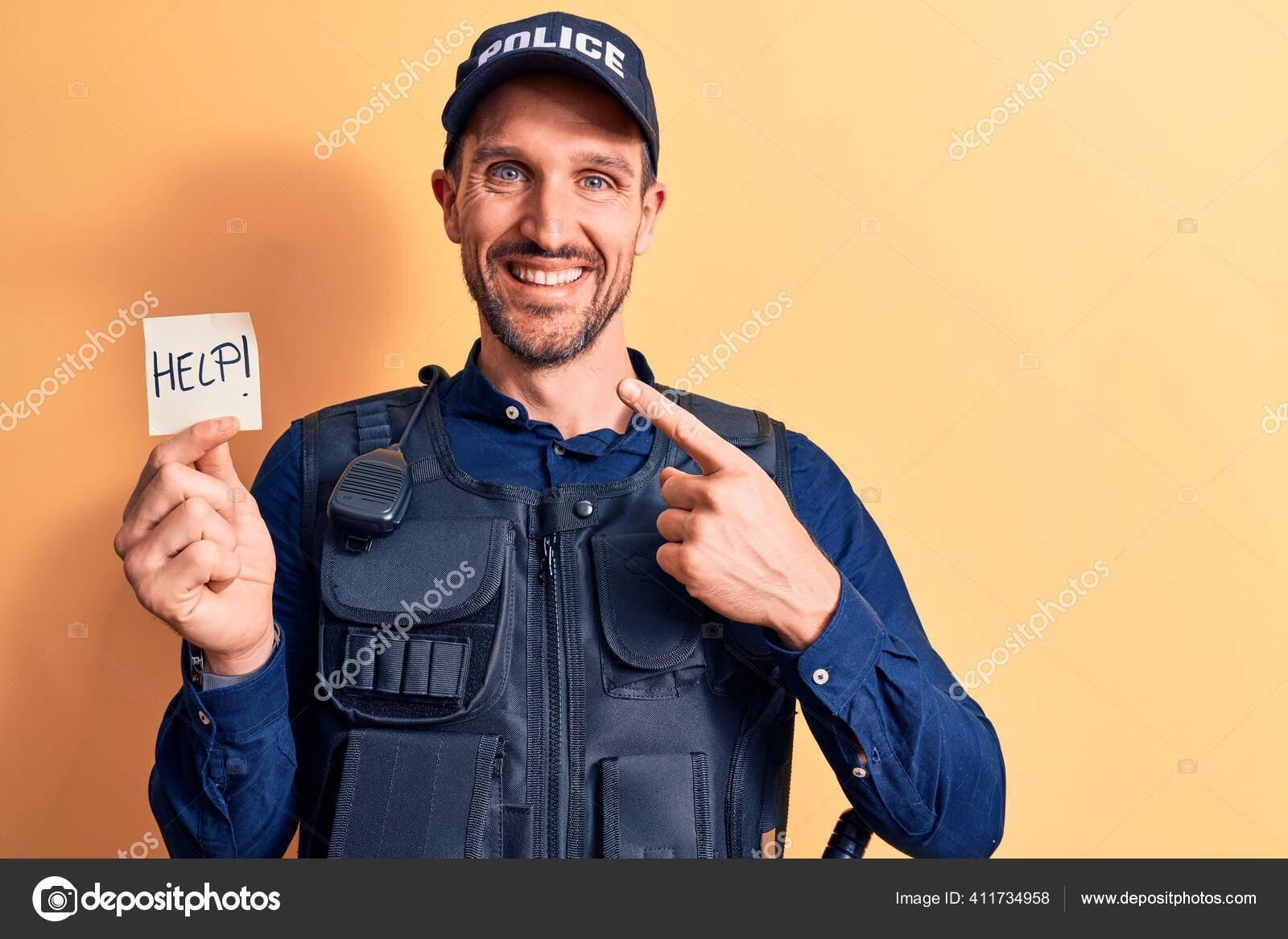 Handsome Policeman Wearing Uniform Bulletprof Holding Reminder Help ...