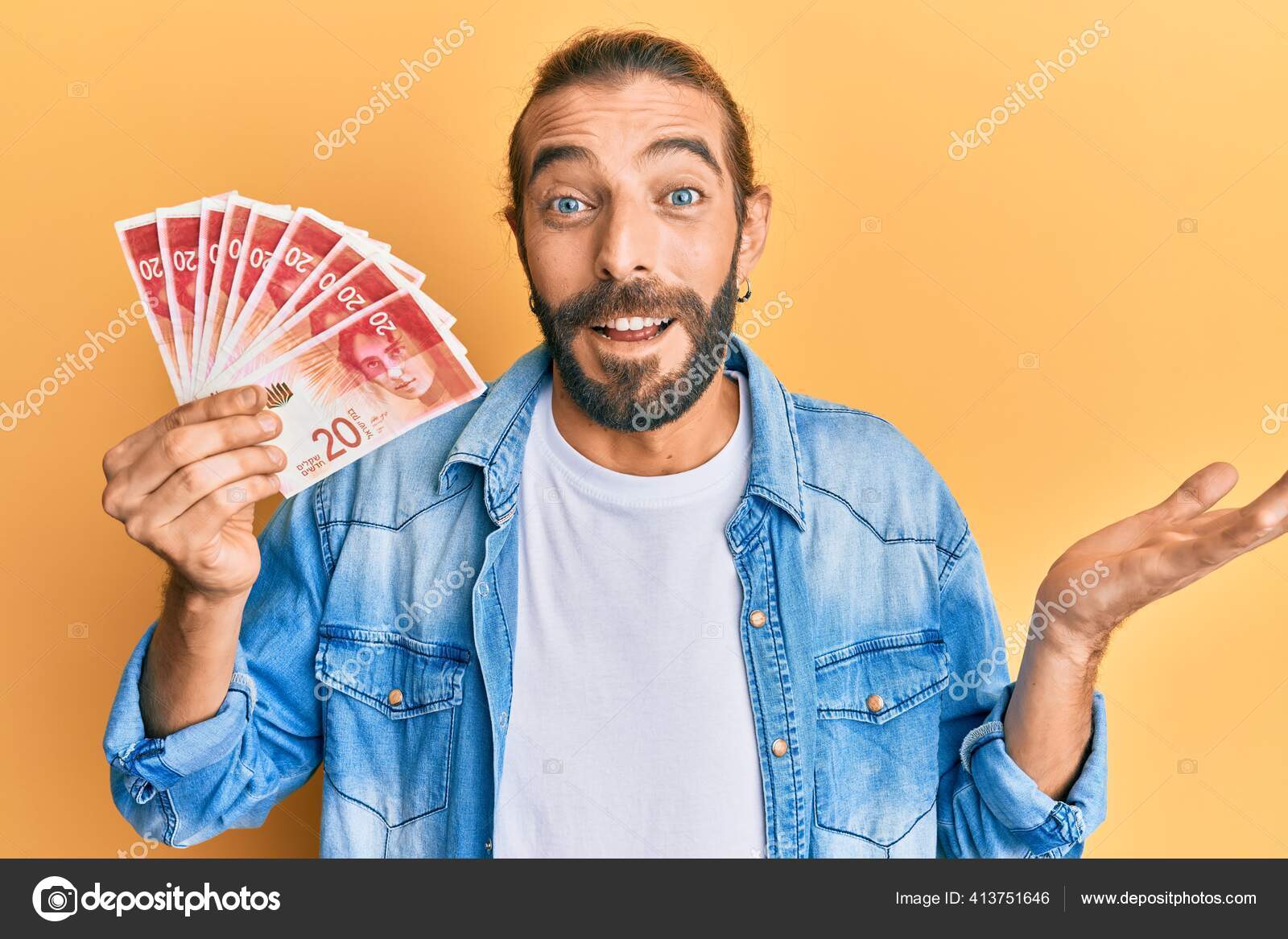 Attractive Man Long Hair Beard Holding Israel Shekels Banknotes ...