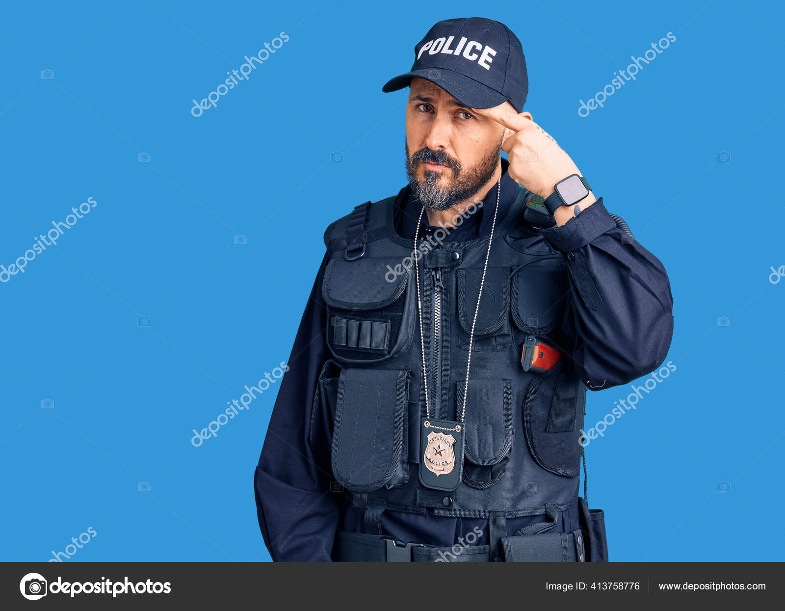 Young Handsome Man Wearing Police Uniform Pointing Unhappy Pimple ...