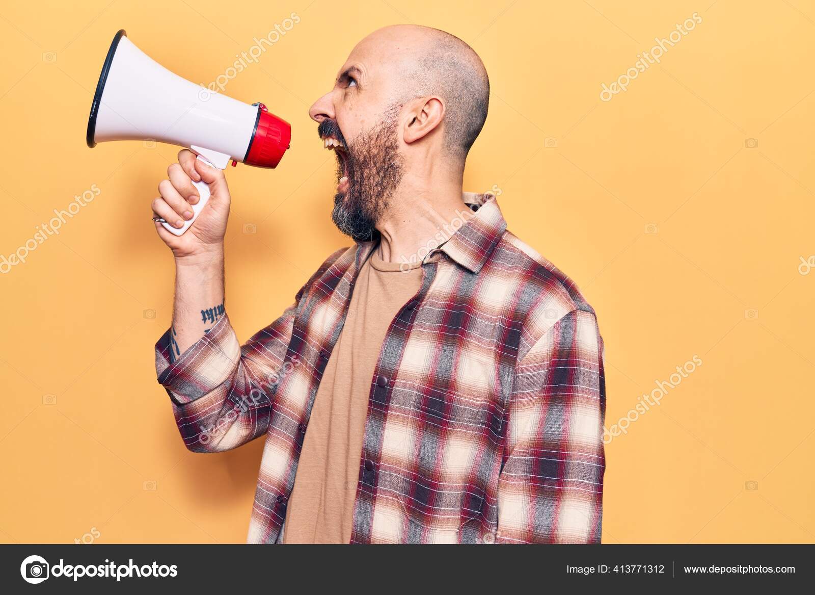 Young Handsome Bald Man Angry Expression Screaming Loud Using Megaphone ...