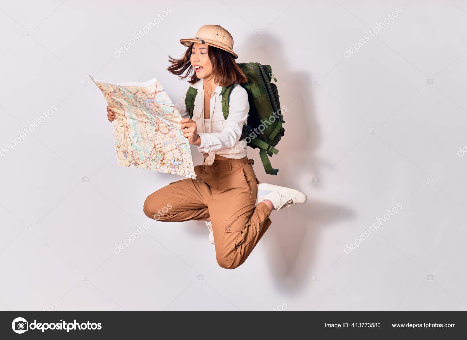 Young Beautiful Chinese Backpacker Girl Wearing Backpack Hat Smiling ...