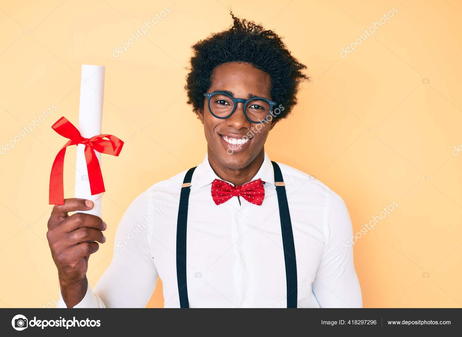 Handsome African American Nerd Man Afro Hair Holding Graduate Degree ...