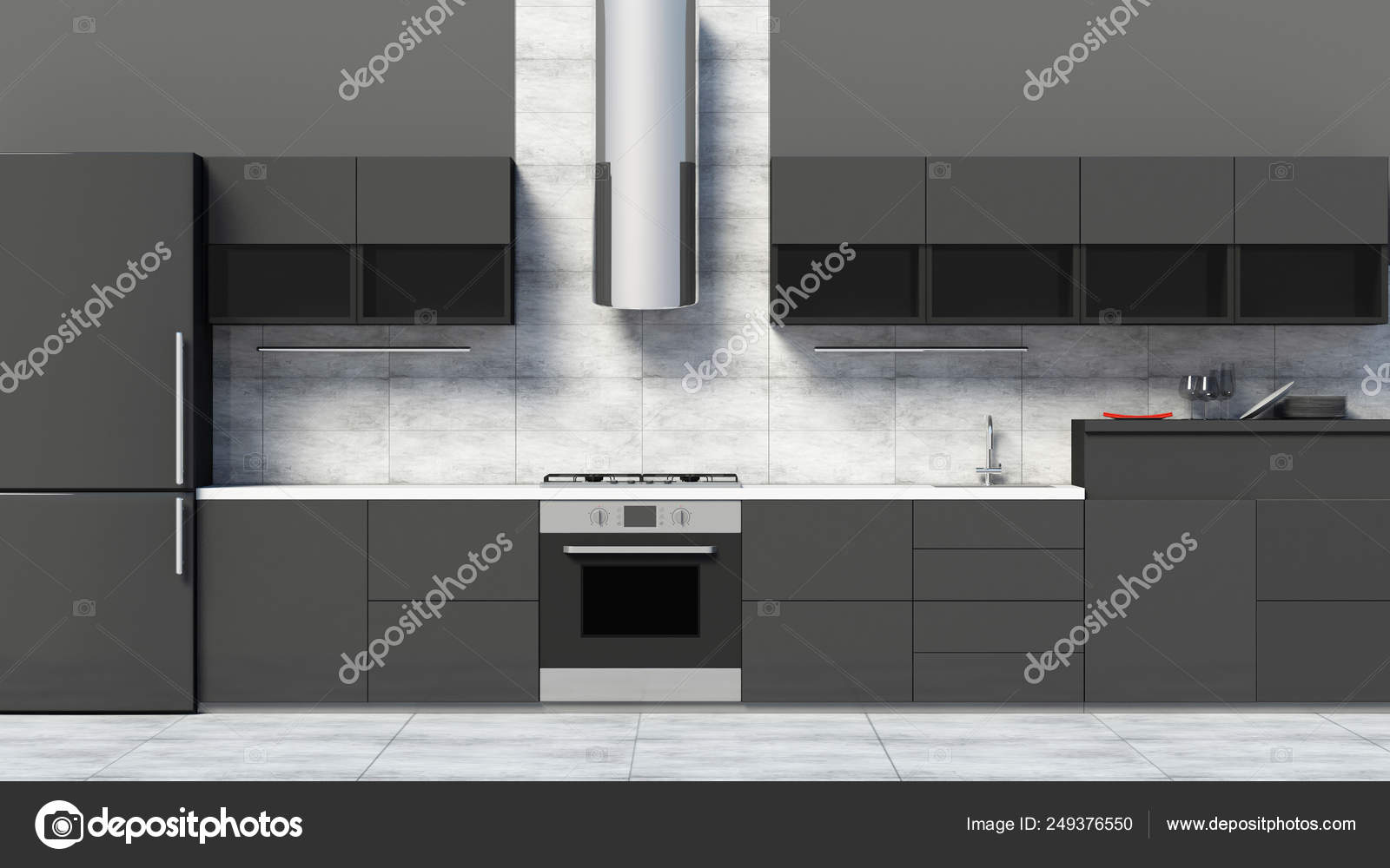 Front View Modern Kitchen Interior Black Rendering Stock Photo by ©ras ...