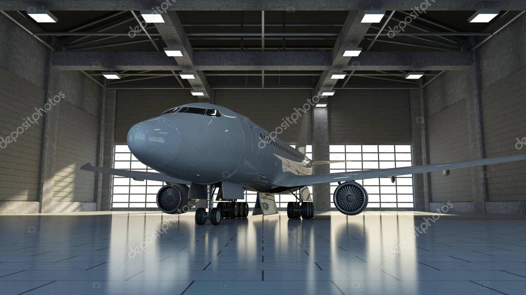 Avión moderno dentro del hangar con grandes ventanas. Renderizado 3D 2022