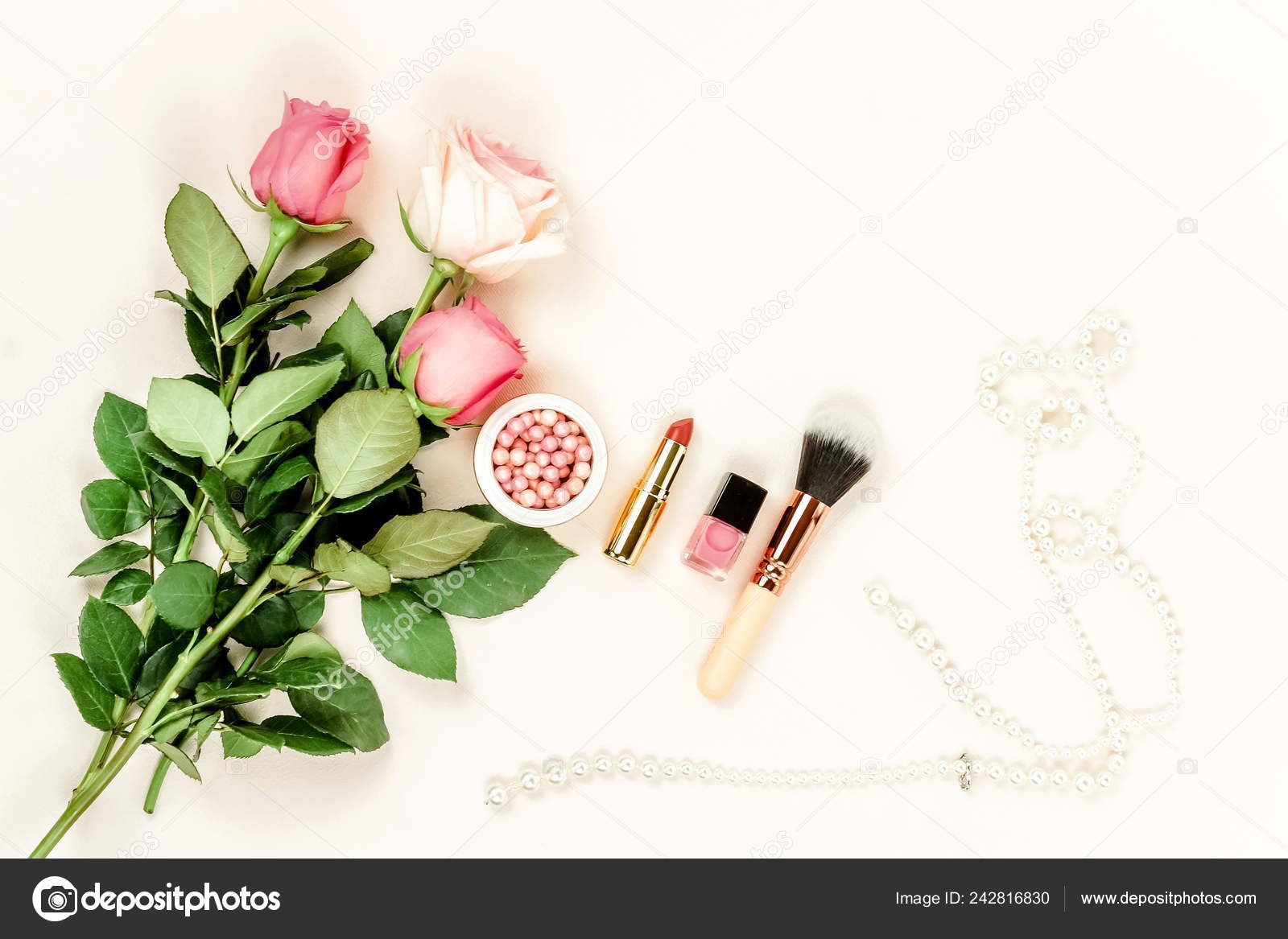 Top View Roses Feminine Objects Arranged Light Backdrop Stock Photo by ...