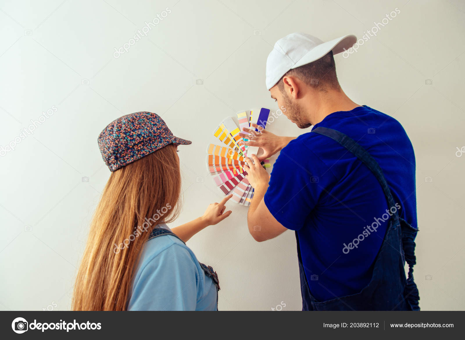 Photo Back Side Two Person While Choosing Color Color Guide Stock Photo ...