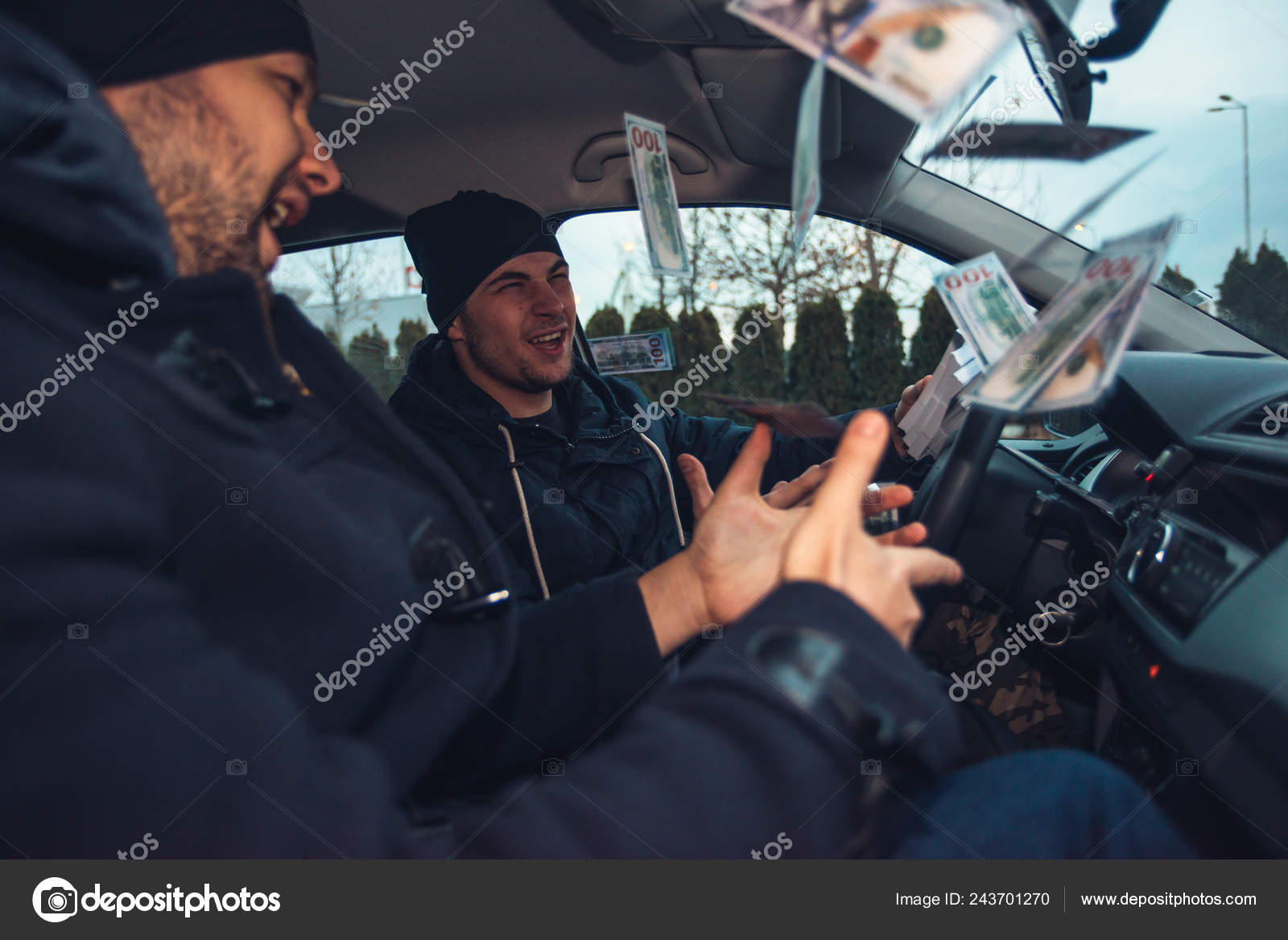 Two Happy Bank Robbers Celebrating Successful Hit While Sitting Car ...