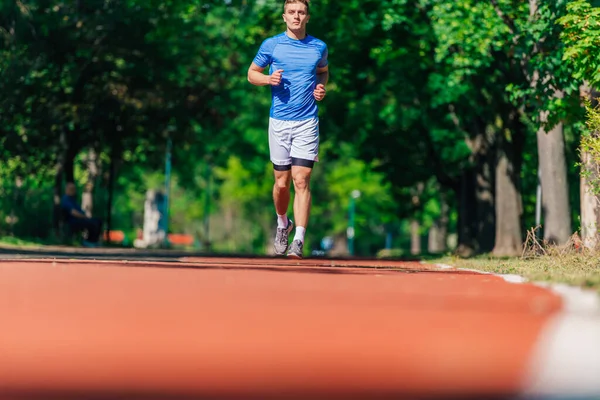Strong Attractive Man Running Shirtless Park — Stock Photo © gorgev ...