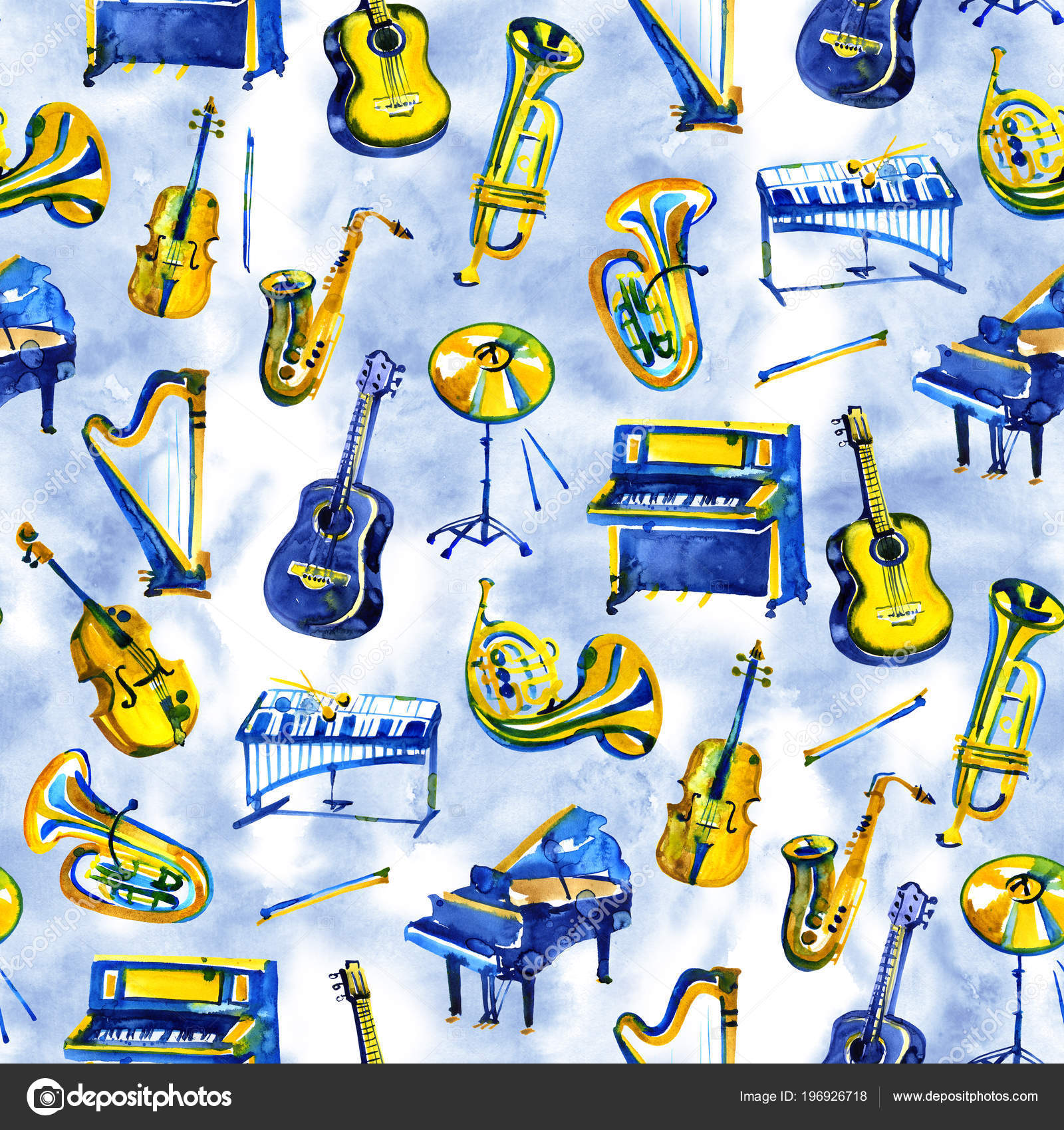 Background musical instruments. Seamless pattern. Watercolor ...