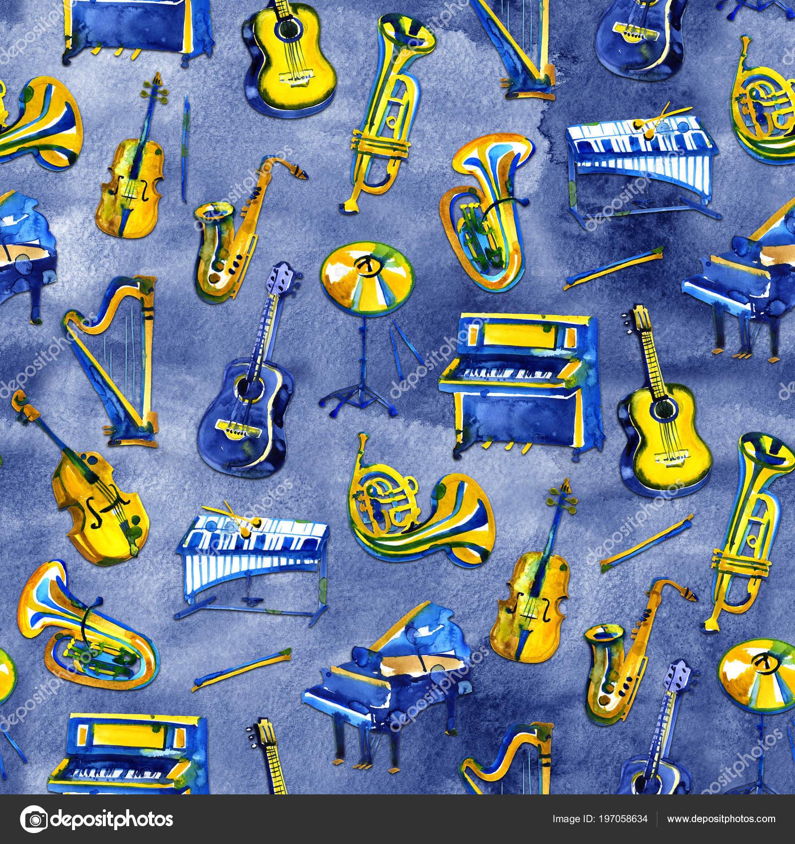Background musical instruments. Seamless pattern. Watercolor ...