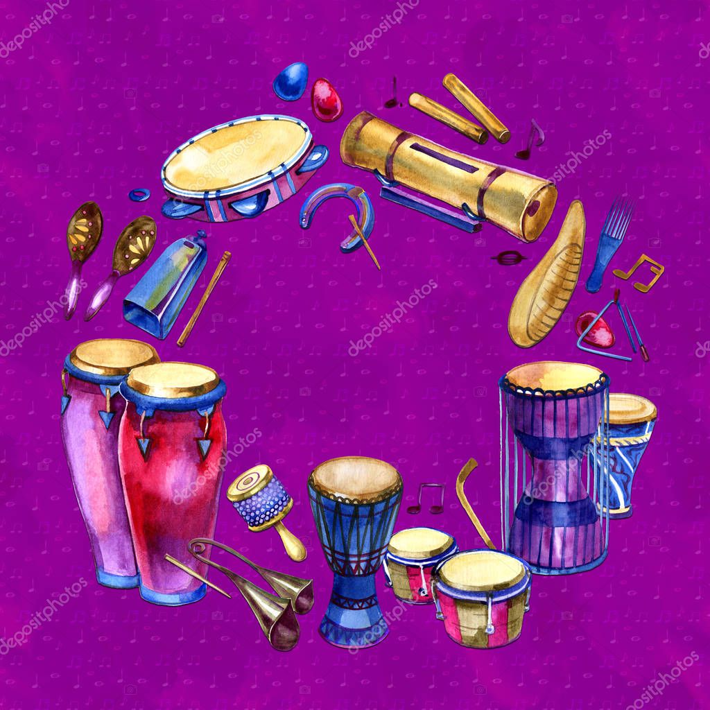 Fondo redondo blanco con instrumentos de percusión musical. Una trampa ...