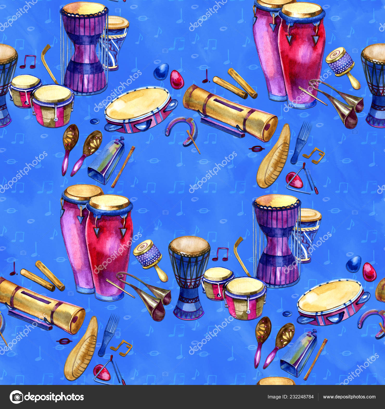 Background musical percussion instruments. Seamless pattern. Watercolor ...