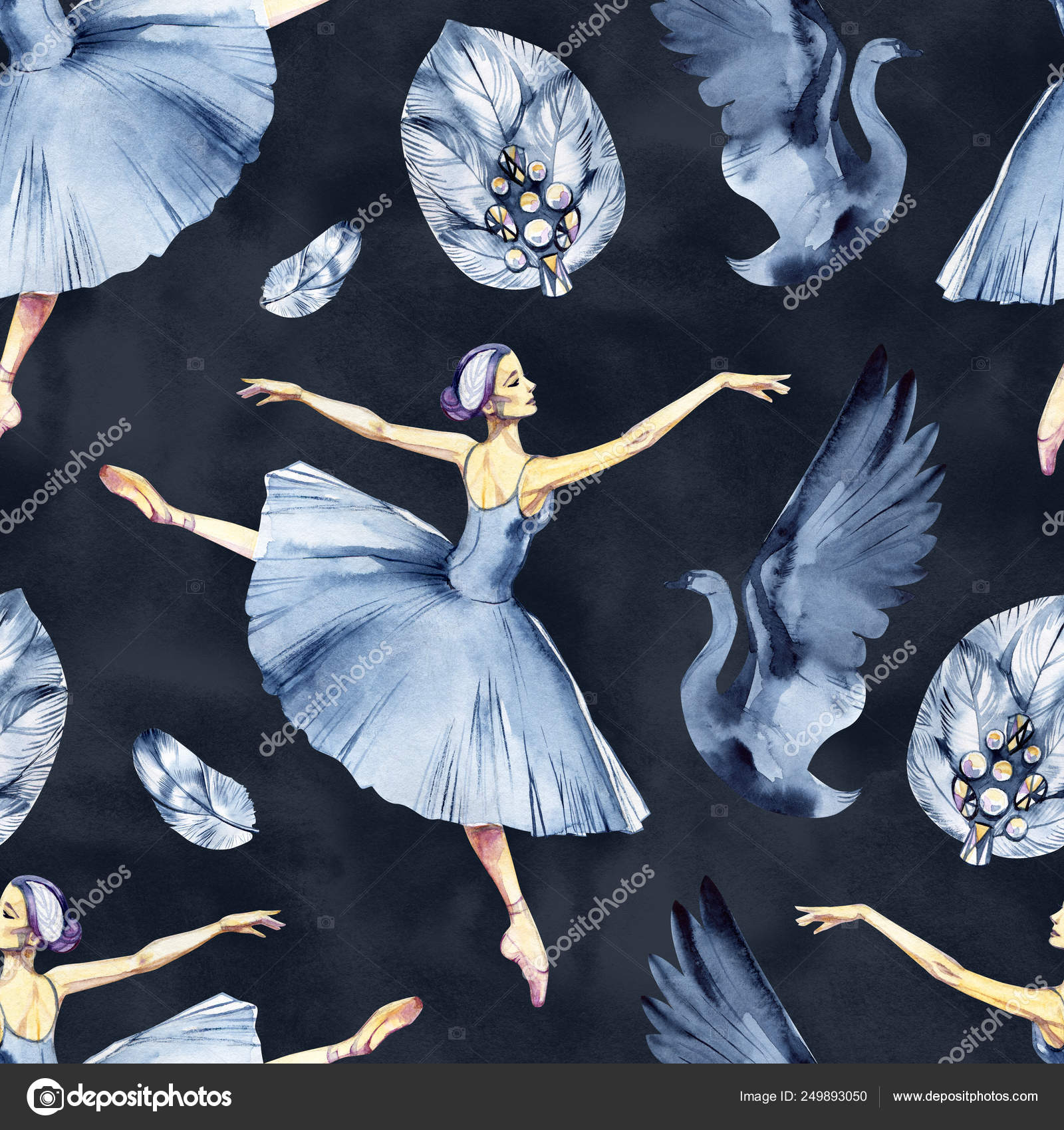 Ballet seamless pattern with ballerina symbols: tutu, pointe, swan ...