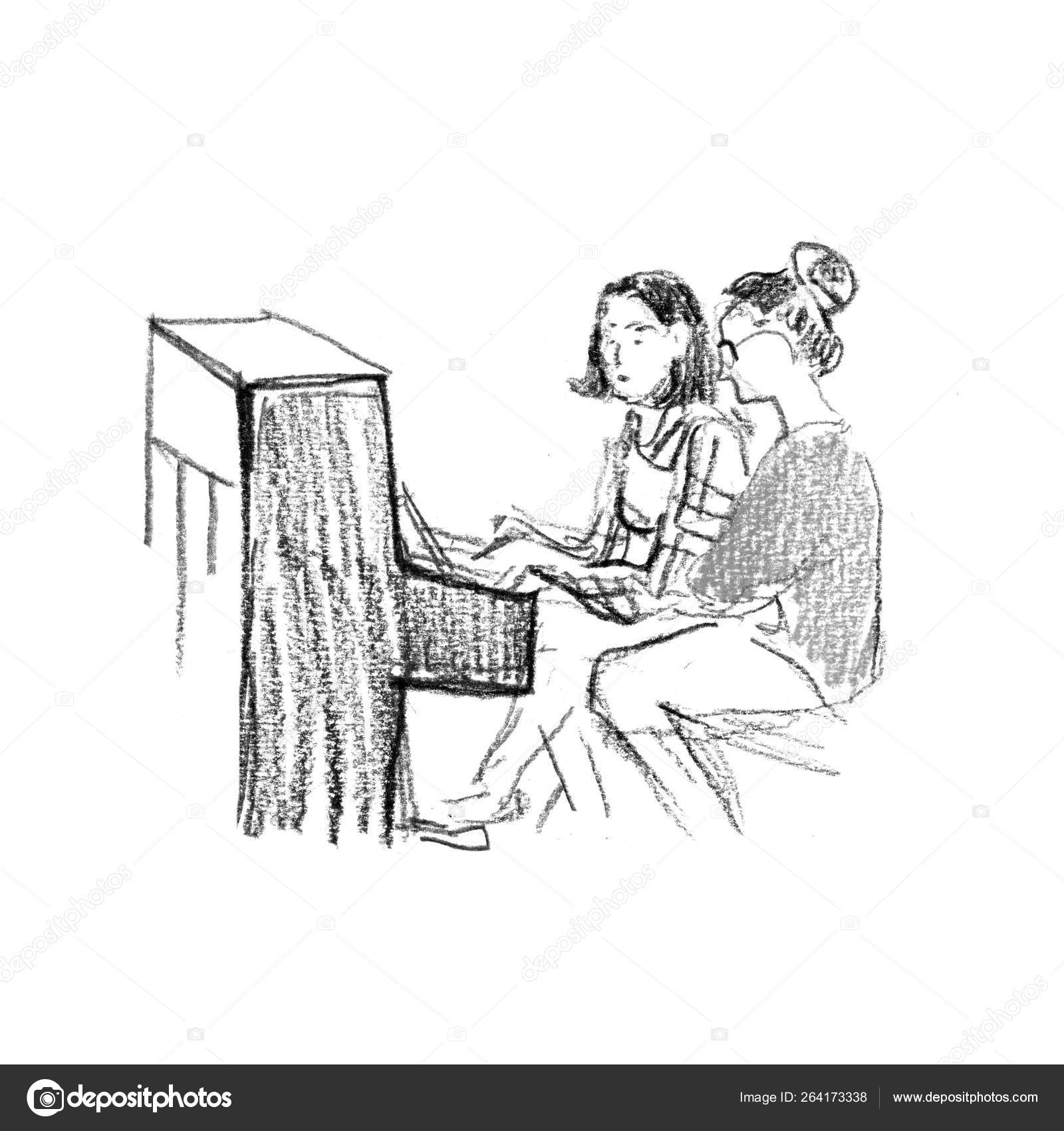 Art drawing of two woman playing piano, on white background Stock ...