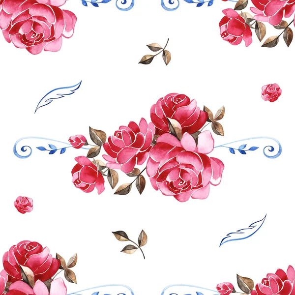 Watercolor floral pattern with gently pink English rose and spring ...