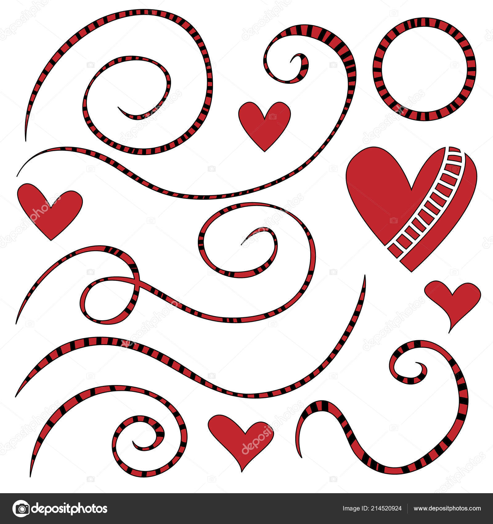 Black Red Curls Hearts Isolated White Background Stock Vector by ...