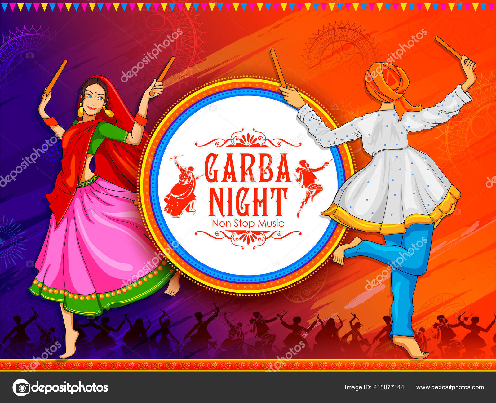 Couple playing Dandiya in disco Garba Night poster for Navratri Dussehra festival of India Stock ...