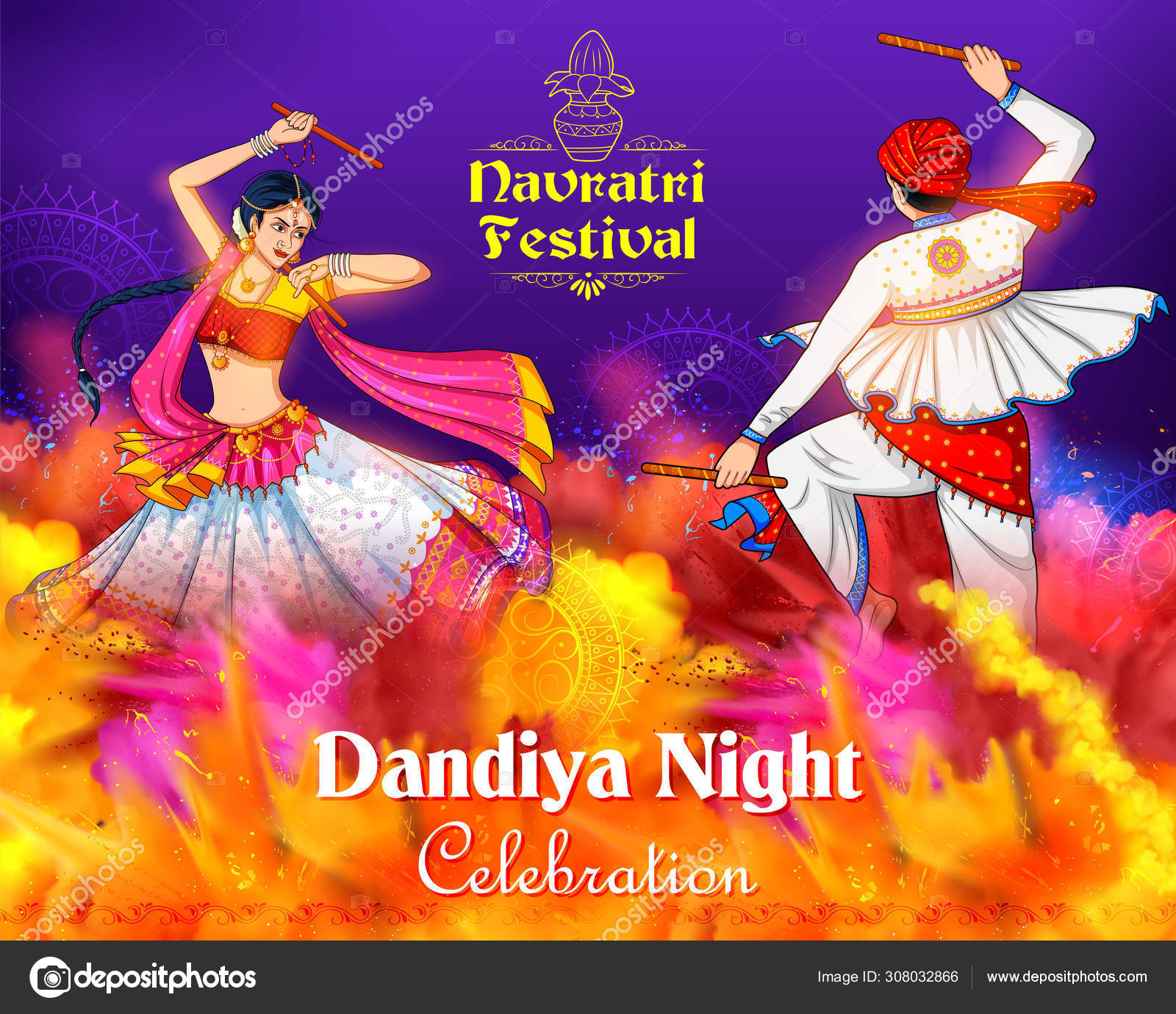 Couple playing Dandiya in disco Garba Night banner poster for Navratri ...