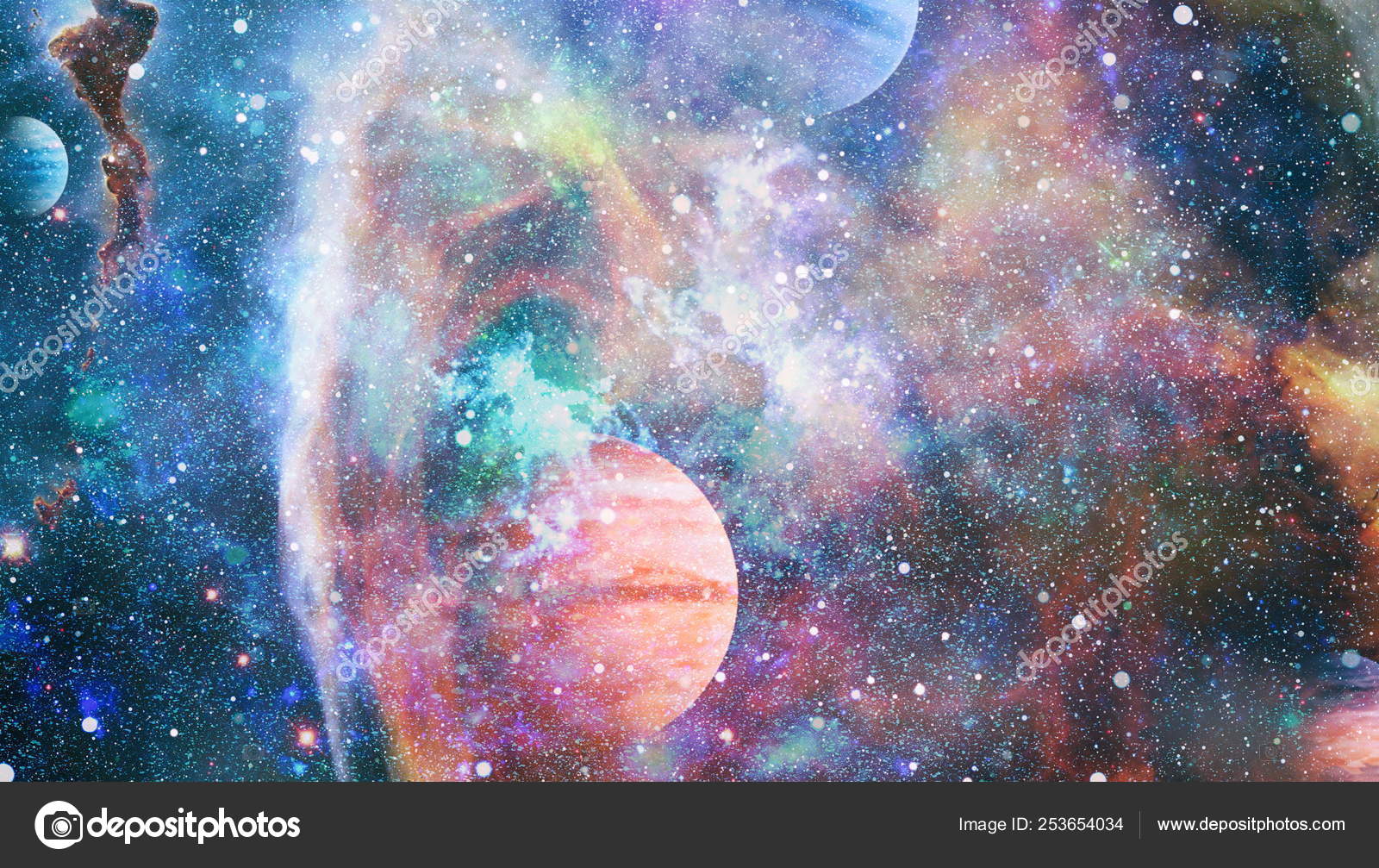 Galaxias, nebulosas y estrellas en el universo, nubes de niebla sobre ...