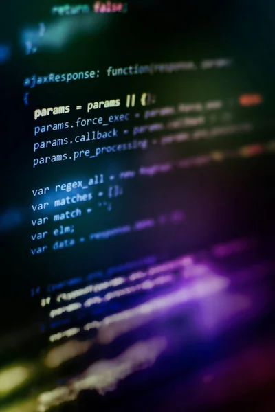 Javascript functions, variables, objects. Project managers work new idea. Future technology ...