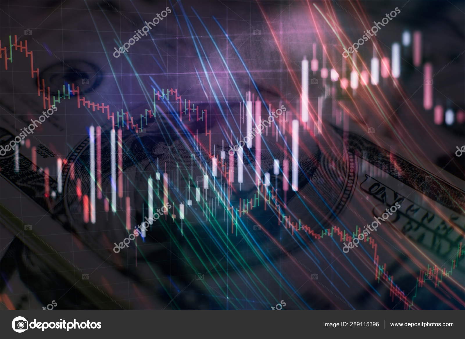 Financial candlestick chart with line graph and stock numbers on ...