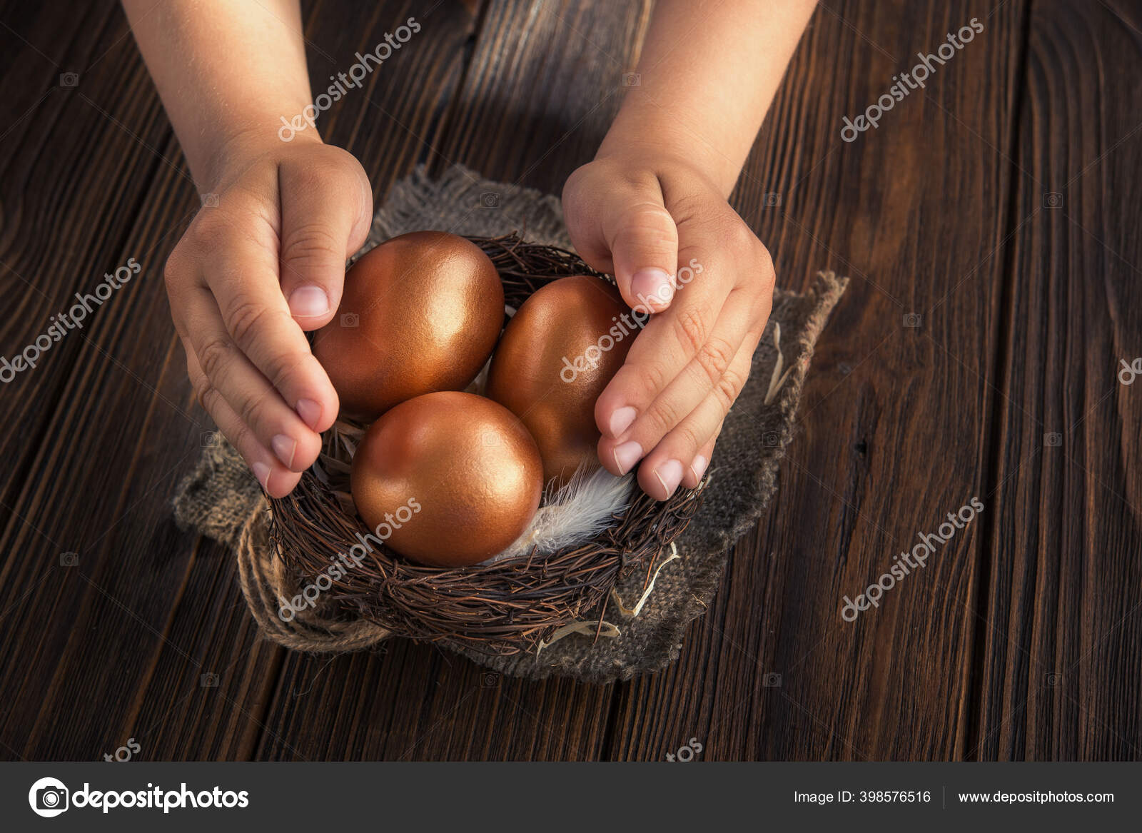 Little Boy Carefully Protects Golden Eggs Nest Wooden Table Concept ...